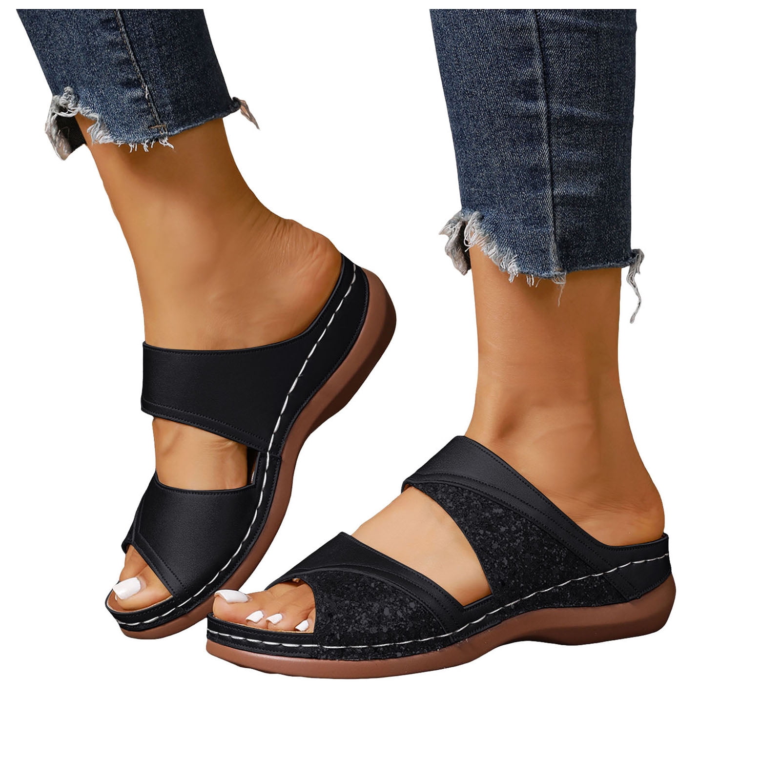Rokment Glitter Metallic Sequin Orthopedic Wedges Slip on Sandals for ...