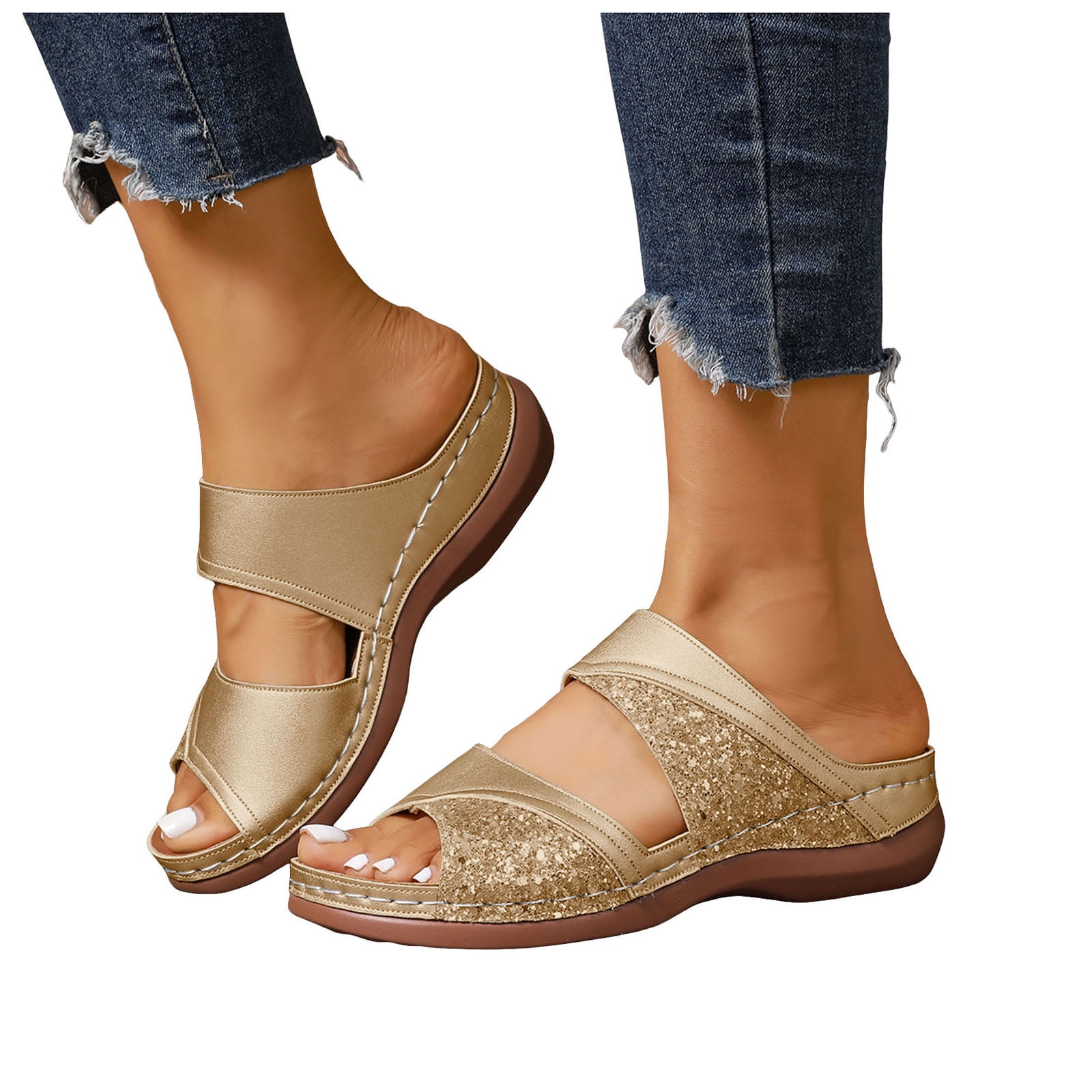 Rokment Glitter Metallic Sequin Orthopedic Wedges Slip on Sandals for ...