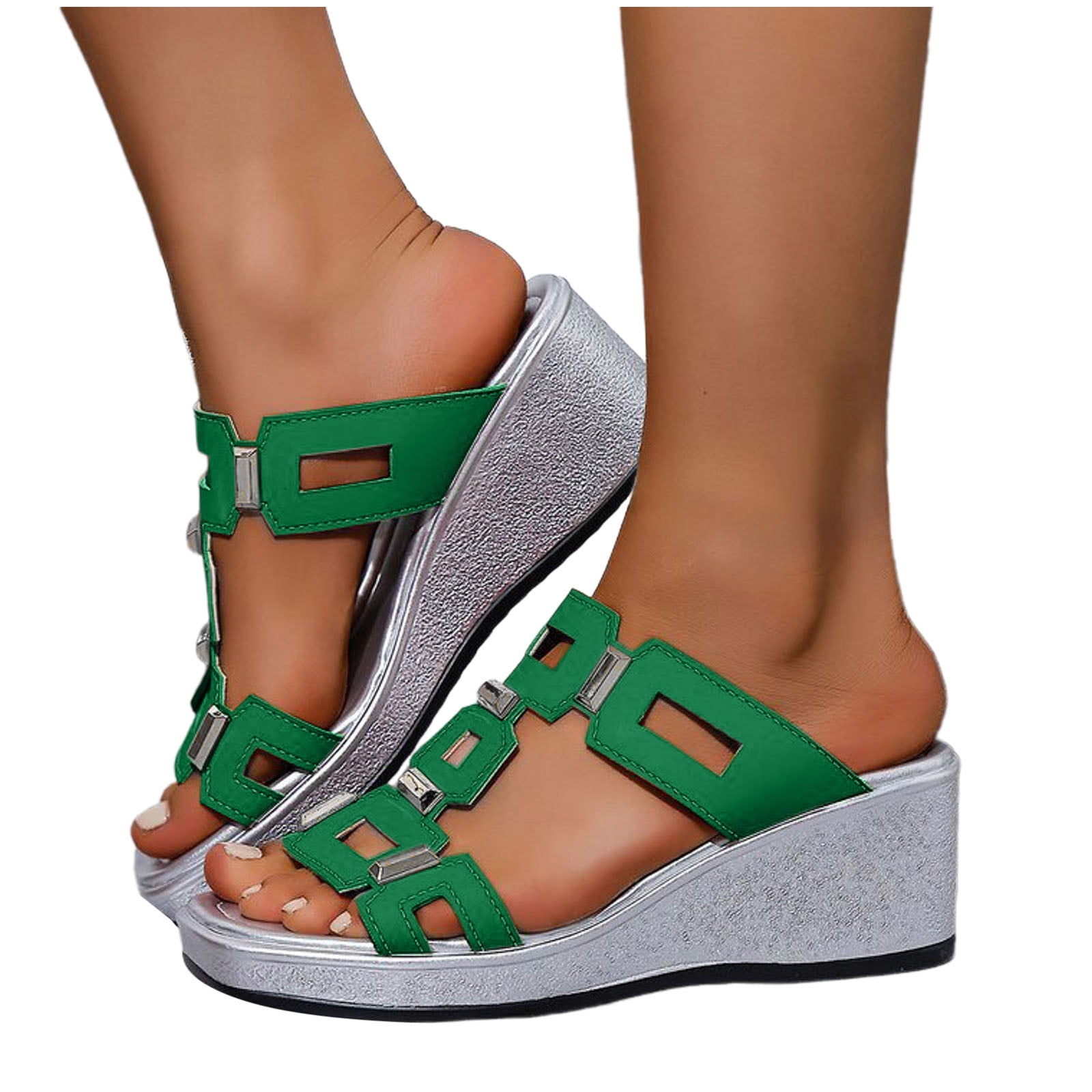 Rokment Metallic Silver Platform Wedge Slides Dress Sandals for Women ...