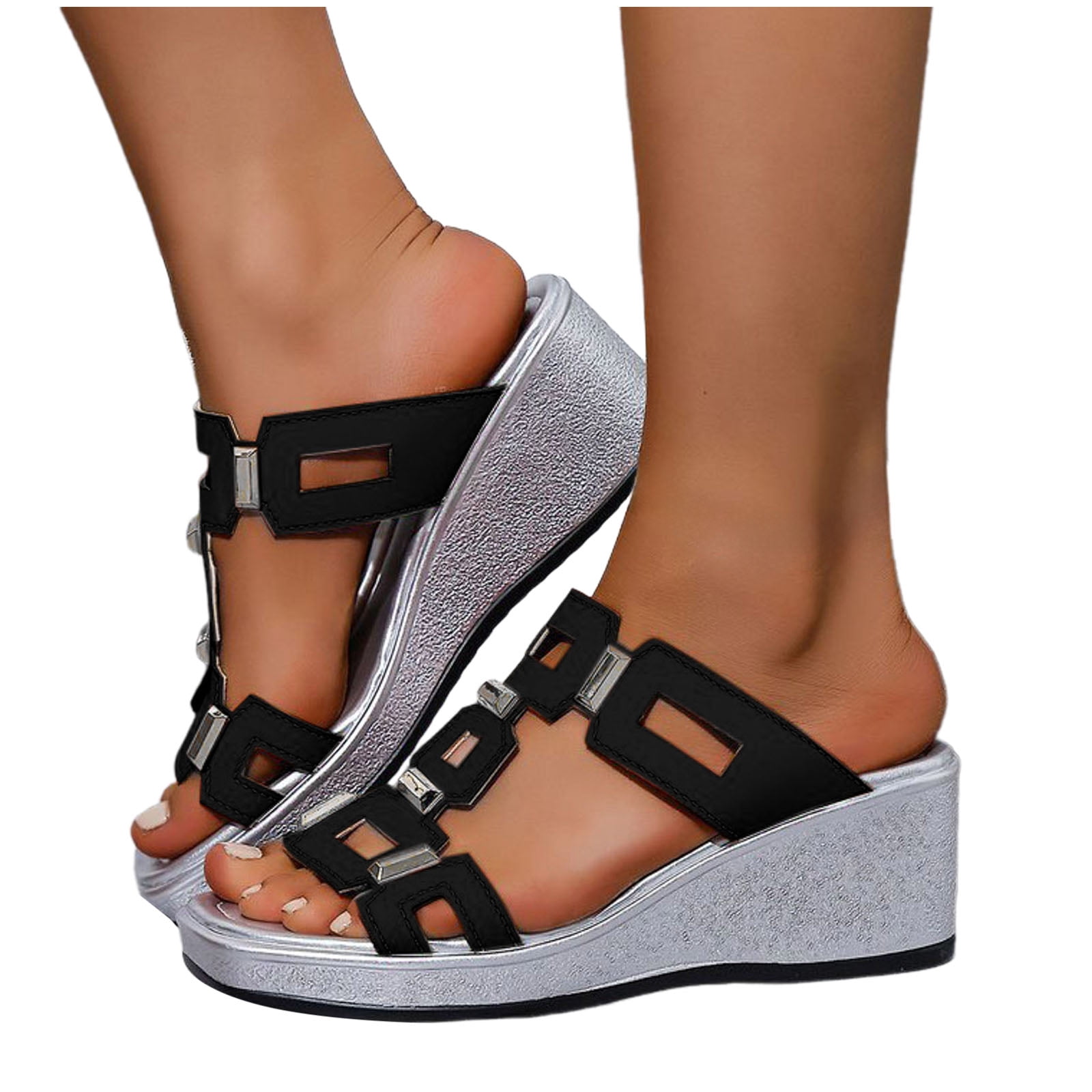 Rokment Metallic Silver Platform Wedge Slides Dress Sandals for Women ...