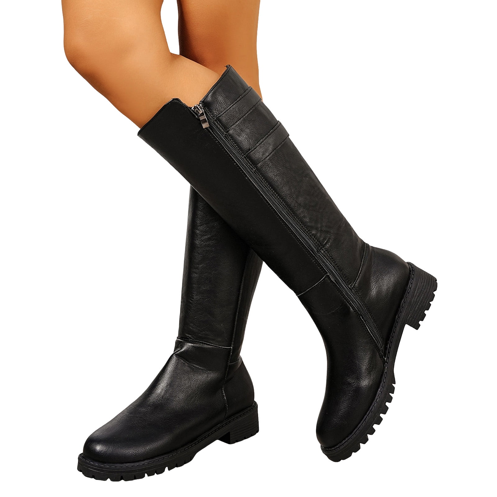 Rokment Women's Knee High Boots Fall Winter Fashion Leather Buckles ...