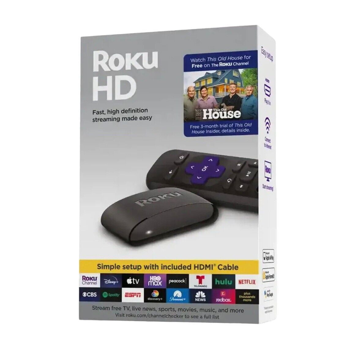 Roku HD Streaming Media Player, Remote, HDMI Cable, 1080p, Google ...