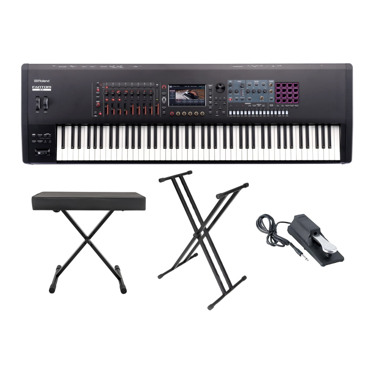 Roland FANTOM 8 EX 88-Key Synthesizer with 7000 Onboard Sounds Bundle with Keyboard Stand, Bench ...