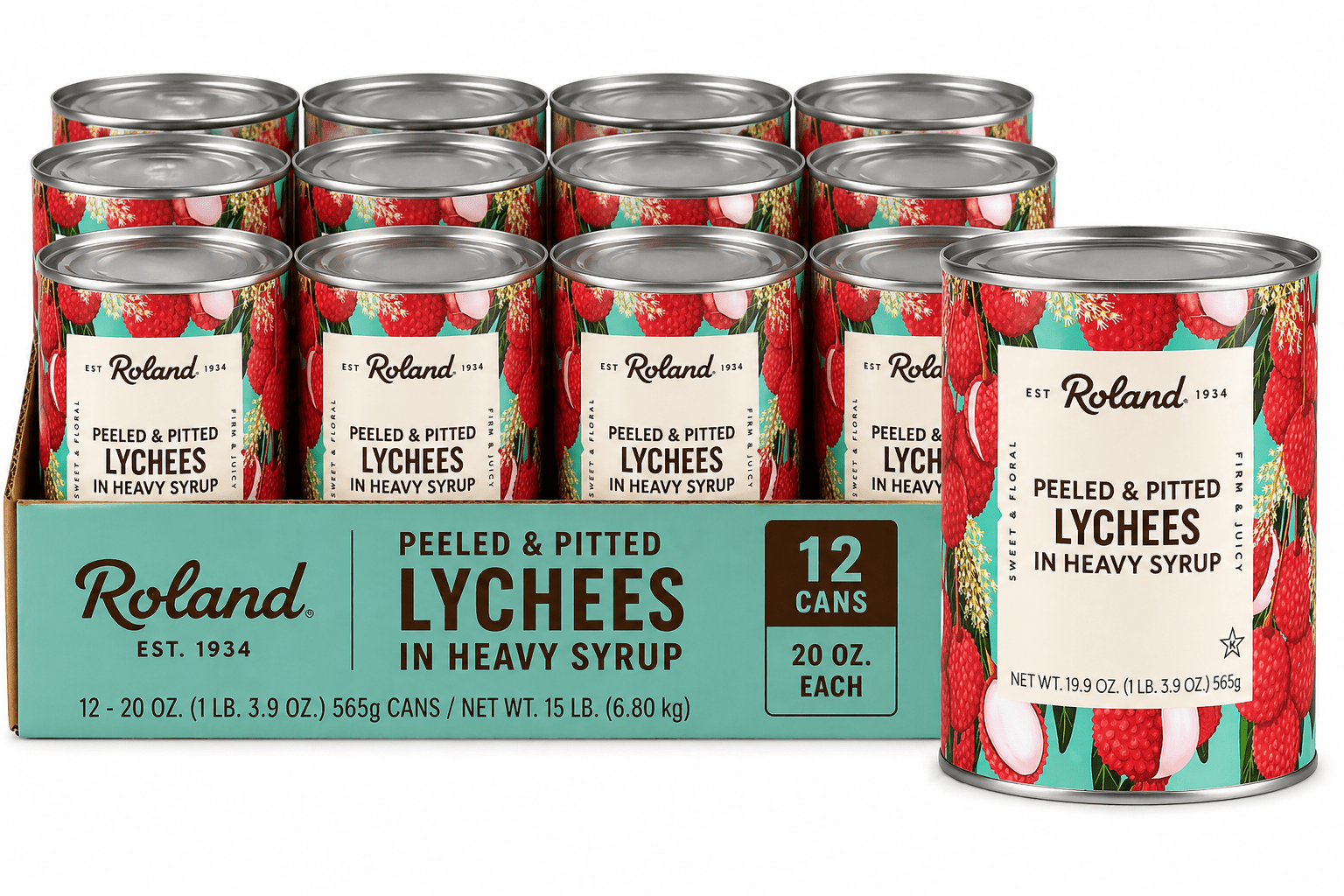 Roland Peeled & Pitted Lychees in Heavy Syrup 20 oz Cans 12 Pack Sweet ...