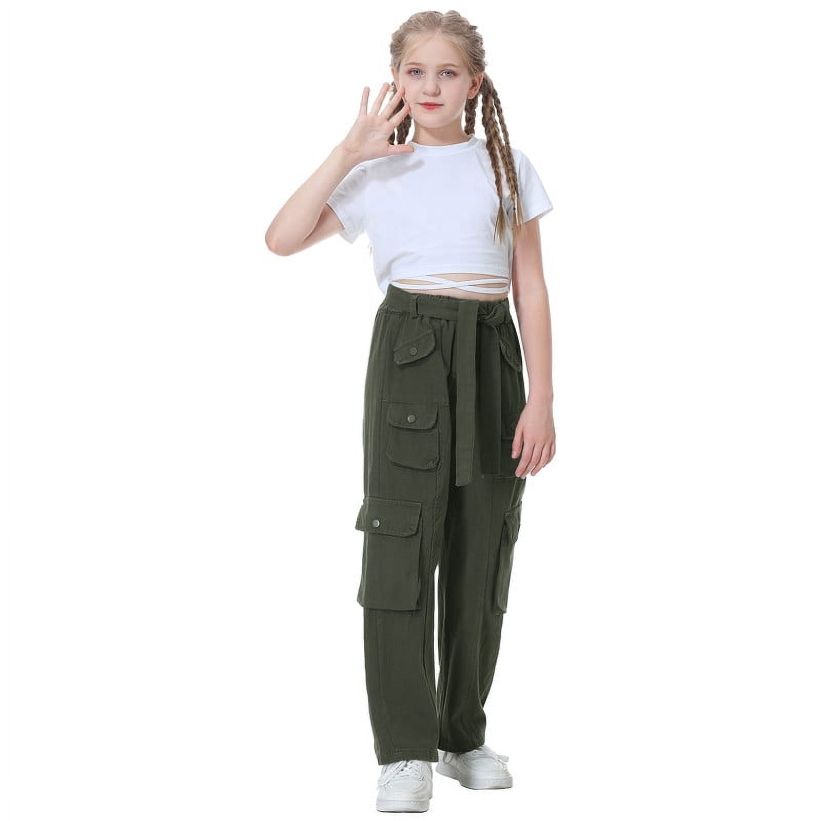 Rolanko Girl's High-Waisted Cargo Pants: Multiple Pockets, casual daily ...