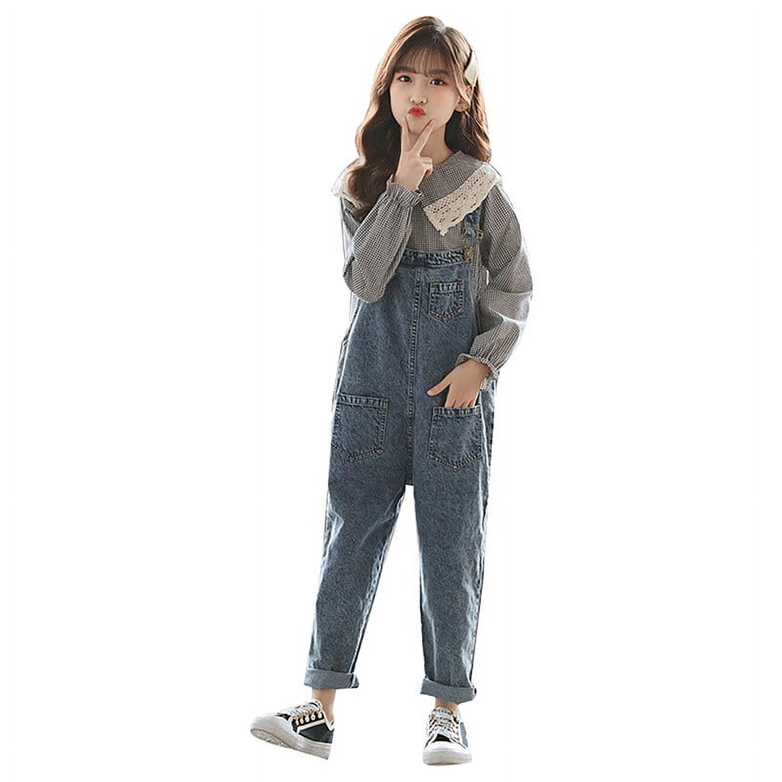 Rolanko Girls Overalls Denim Bib Distressed Jumpsuit Kids Blue Baggy ...