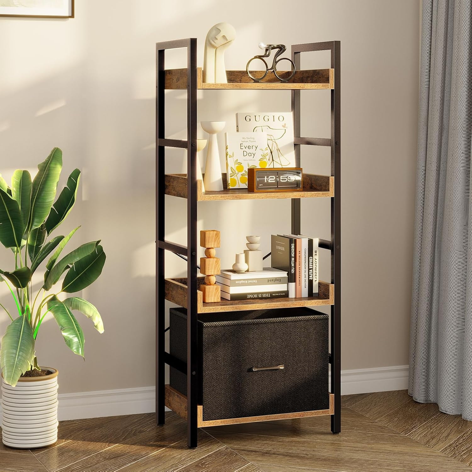 Rolanstar Bookshelf 4 Tier with Removable Drawer, Tall Narrow Bookcase ...