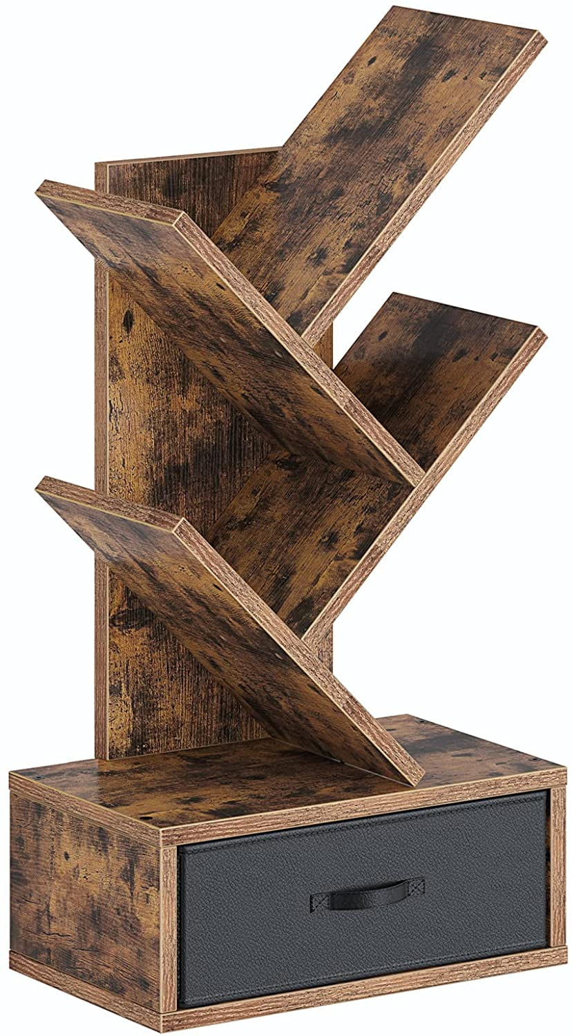 Rolanstar Bookshelf with Drawer, 4 Shelf Tree Bookshelf, Wooden ...