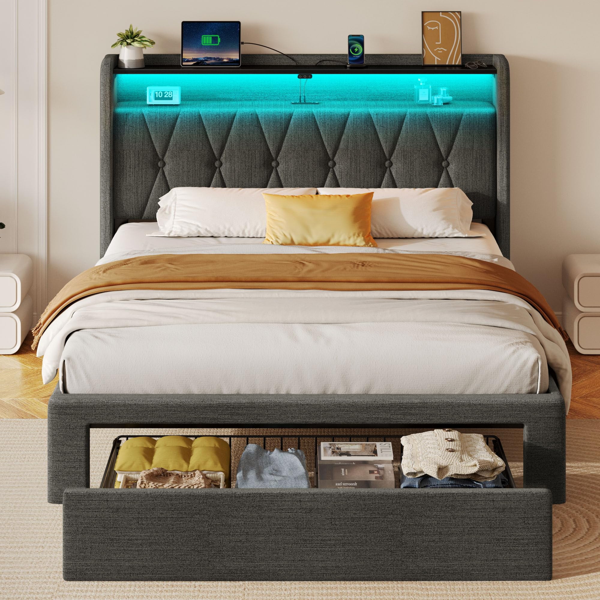 Rolanstar Twin Bed Frame with Drawer, Storage Headboard with Charging ...