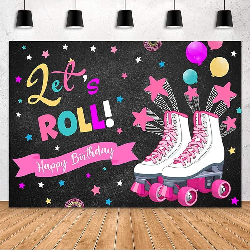 Let's Roll Girls Birthday Backdrop Pink Star Balloon Party Decoration ...