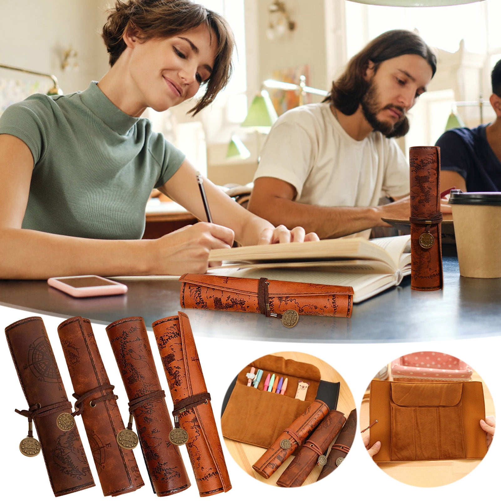 Roll Leather Pencil Holder Fountain Pen Case Vintage Pencil Bag Leather ...