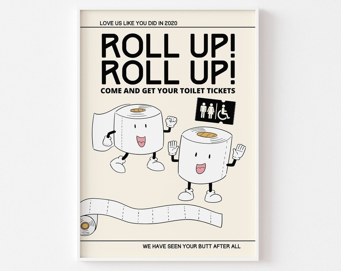 Roll Up Toilet Paper Retro Character Print - Fun Bathroom Print, Retro ...