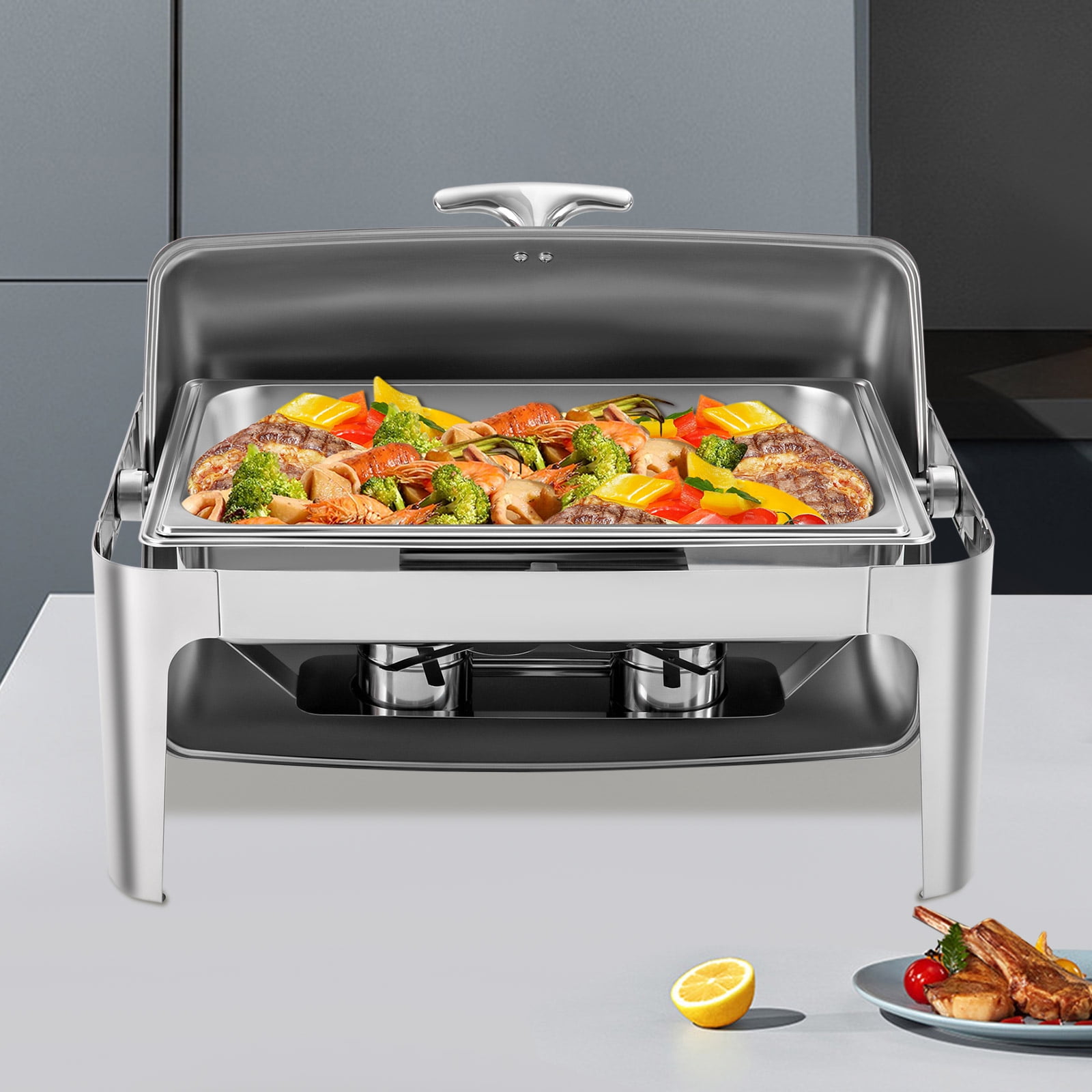 Roll Top Chafing Dish, 9.5QT Stainless Steel Buffet Server with 90°/180 ...