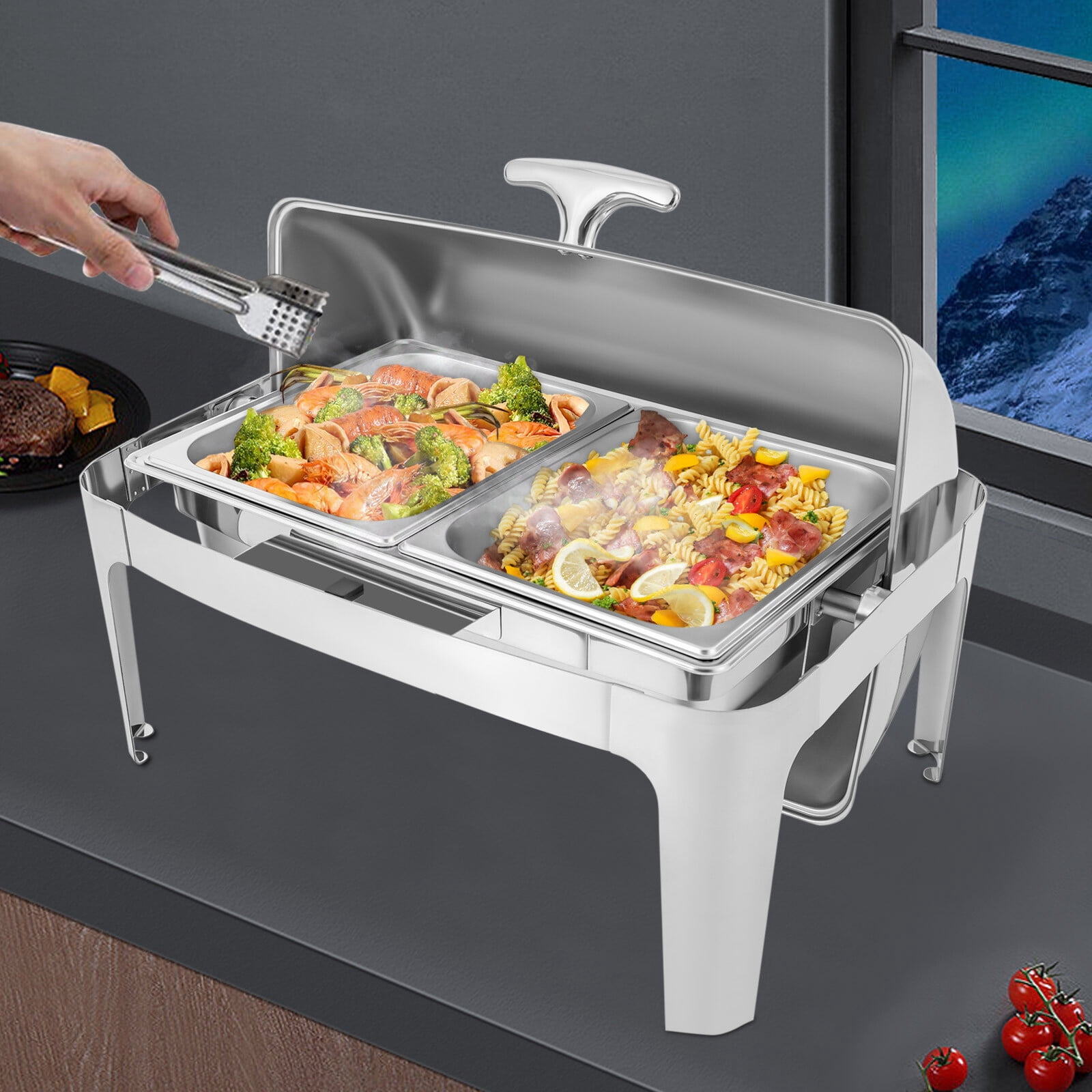 Roll Top Chafing Dish Buffet Set, 9.54QT Stainless Steel Buffet Server ...