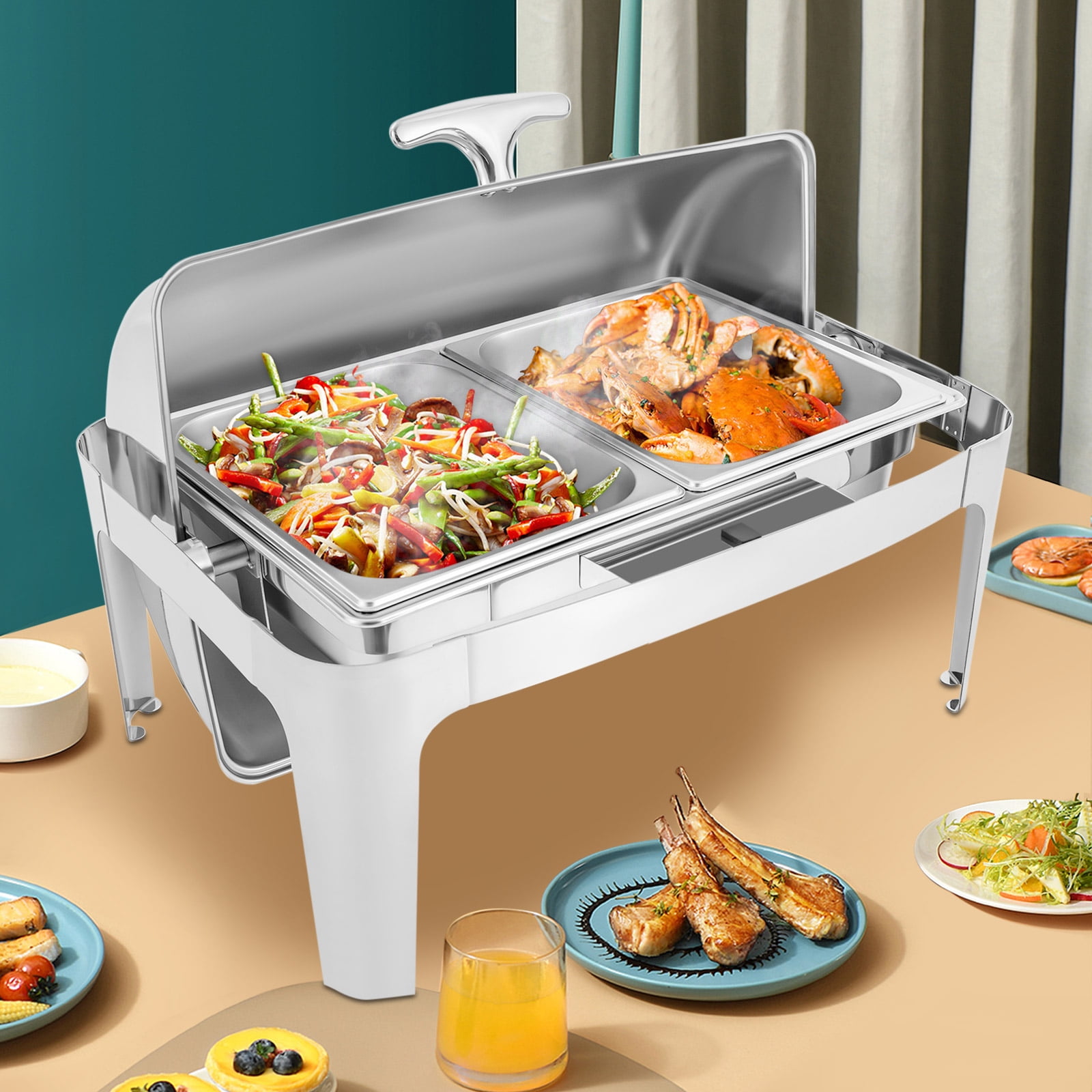 Roll Top Chafing Dish Buffet Set, 9.54Qt, Stainless Steel, 2 Pans ...