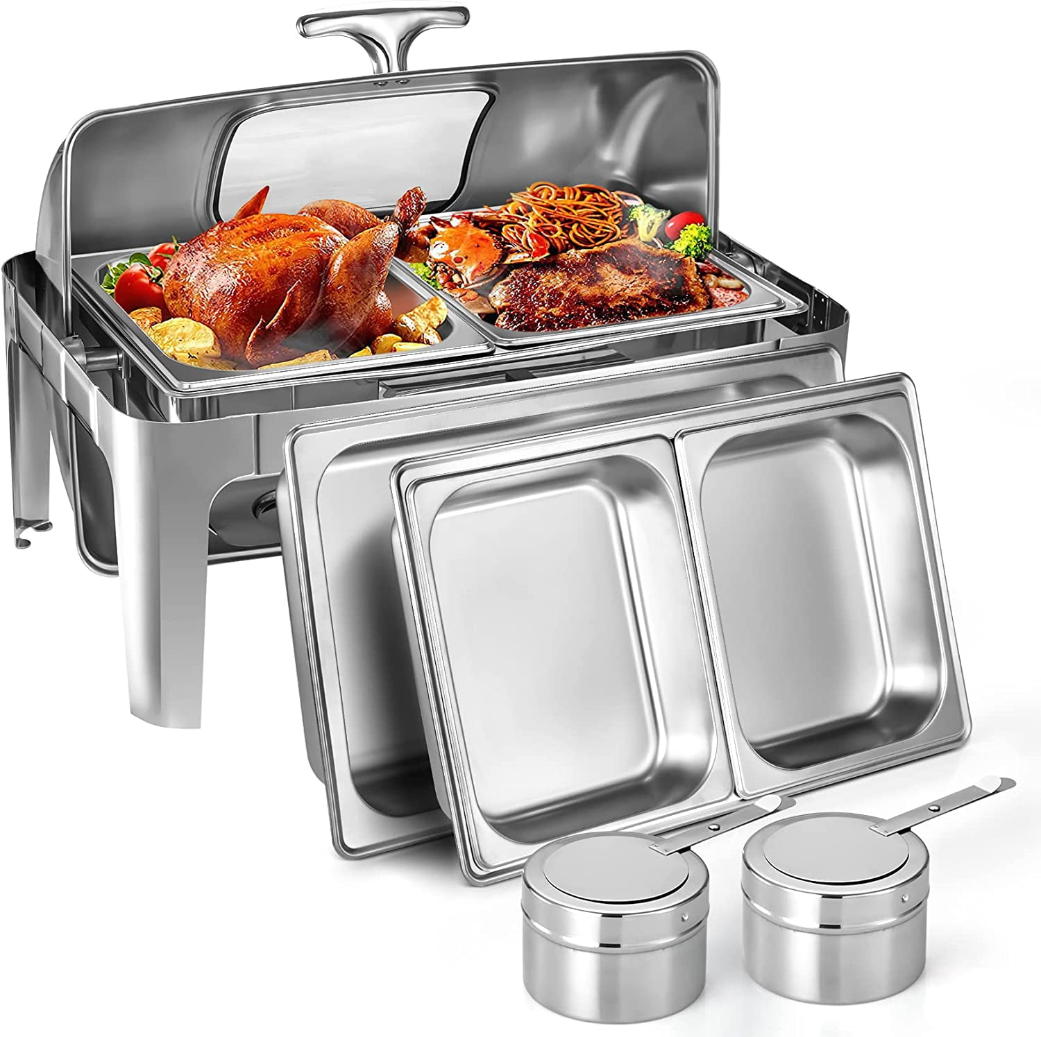 Roll Top Chafing Dish Buffet Set,9 QT Rectangular Visual Buffet Stove ...