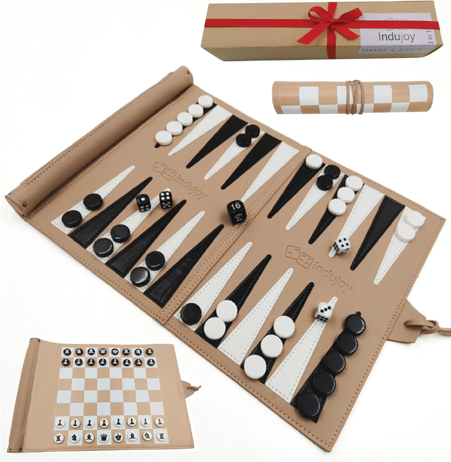 Roll Up Backgammon Game (Color-Beige) Ecological Leather Travel Set ...