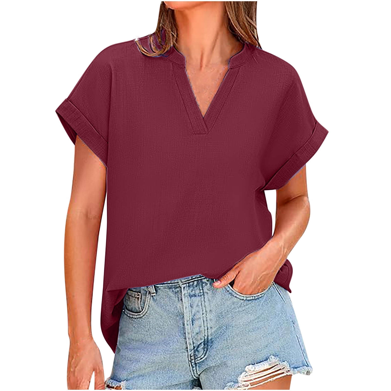 Roll Up Short Sleeve Tops for Women Henley V Neck Pullover Tee Casual ...
