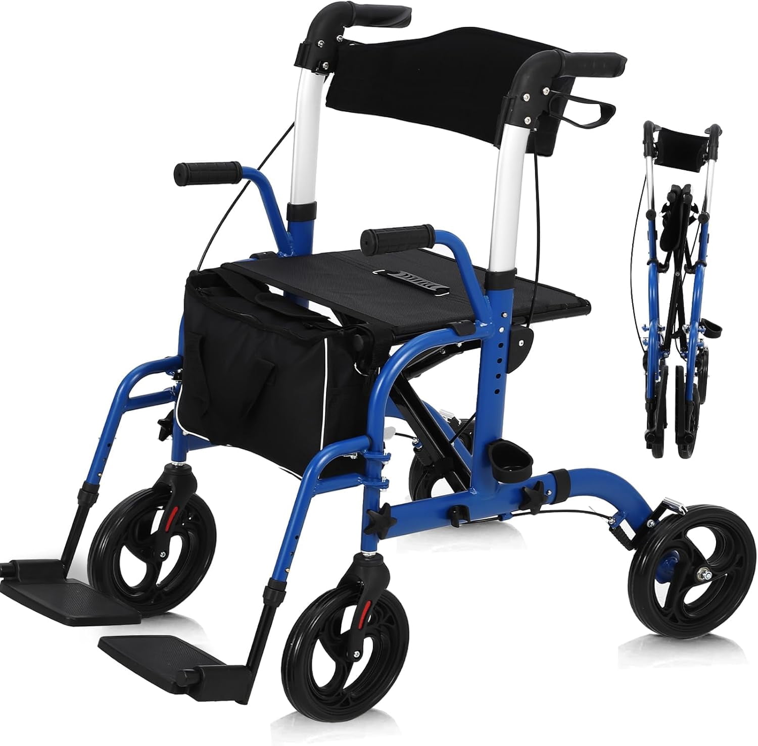 Rollator Walker with Seat, 2 in 1 Transport Wheelchair for Seniors ...