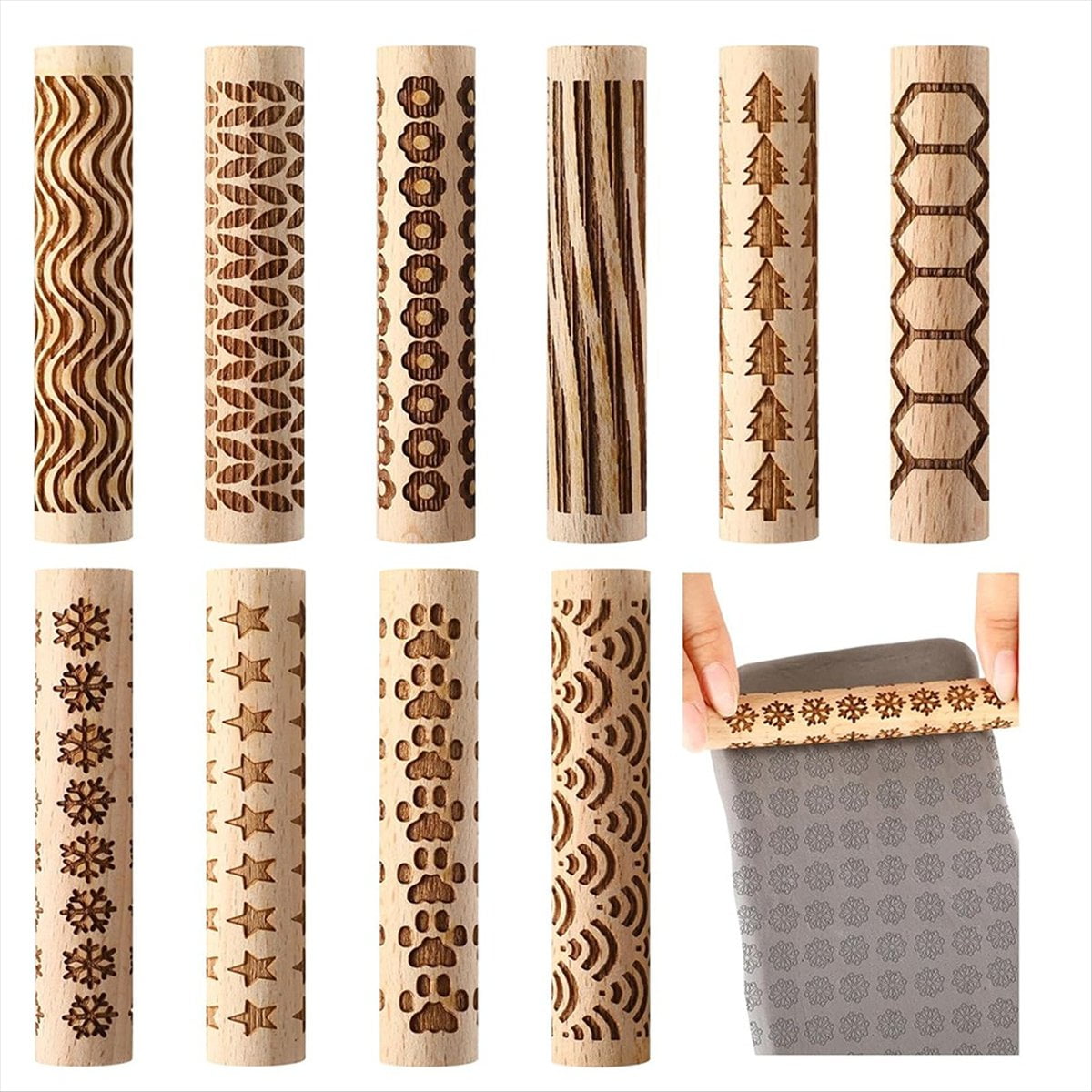 Rollbacks & More 10 Pcs Wooden Clay Texture Rollers Set for Pottery and ...