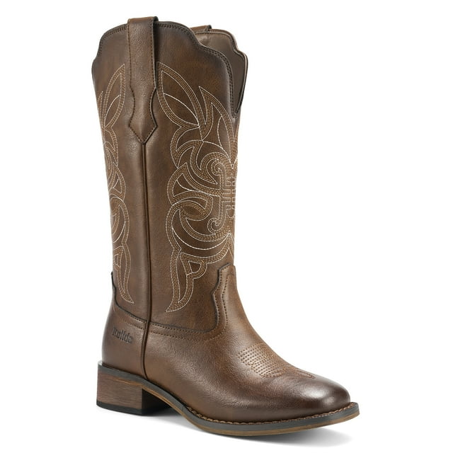 Rollda Cowgirl Boots for Women Square Toe Mid-Calf Western Boots Bronze ...