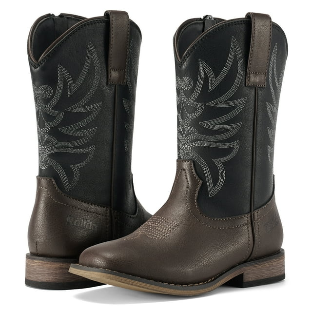 Rollda Western Cowboy Boots for Kids Boys Girls with Walking Heel Black ...