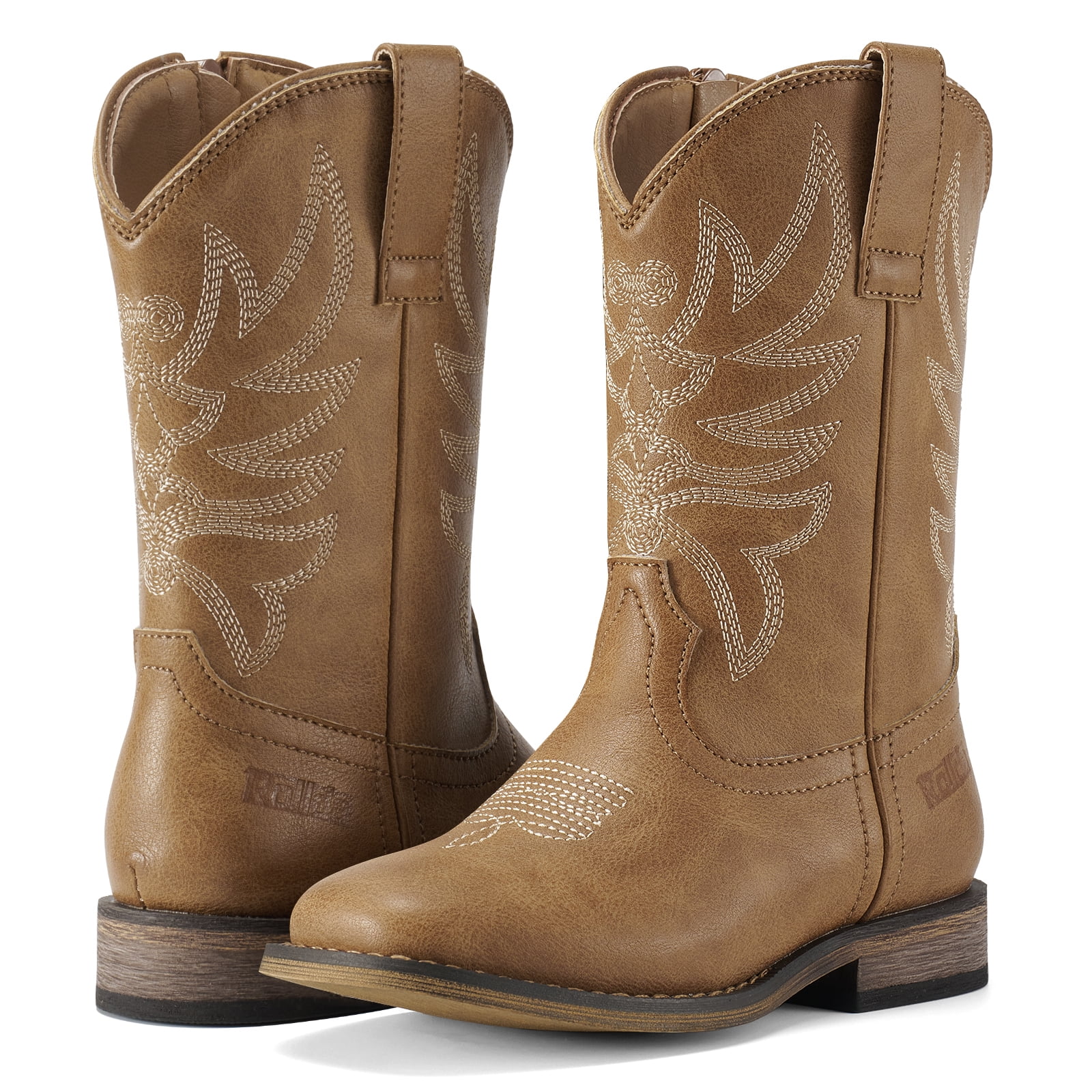 Rollda Western Cowboy Boots for Kids Boys Girls with Walking Heel Brown ...