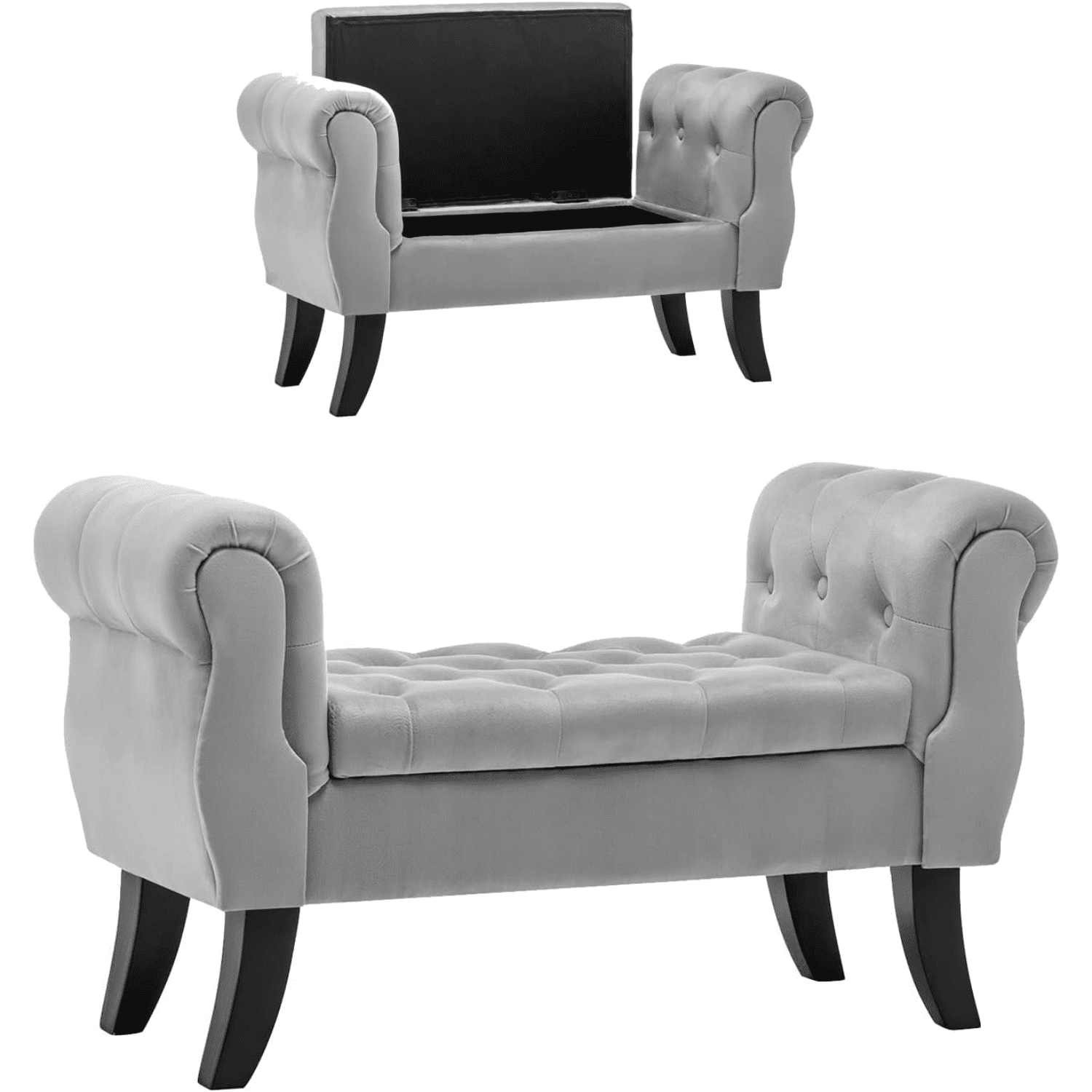 Rolled Arm Bed Bench with Storage Velvet Cushioned Bedroom Ottoman ...