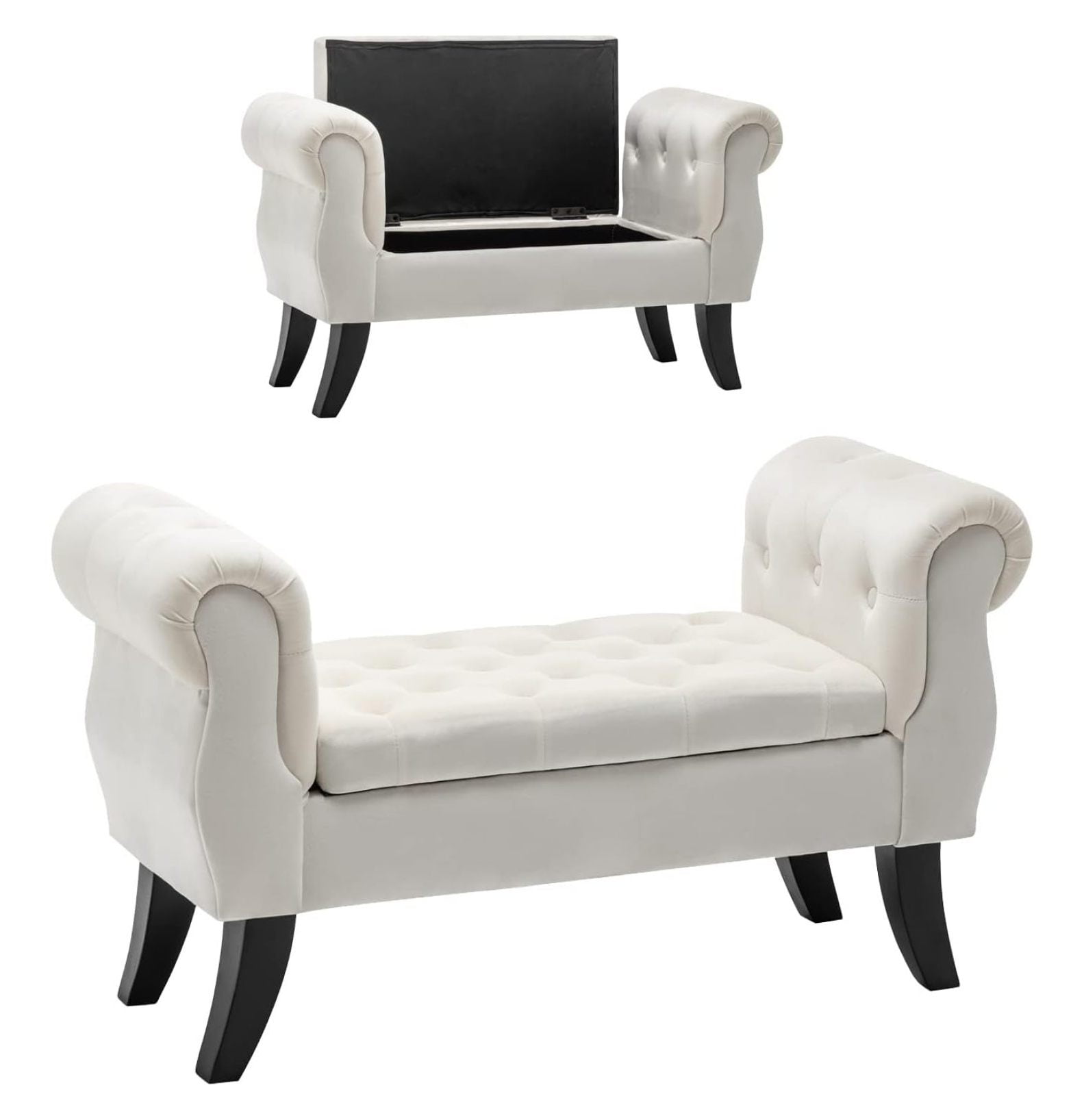 Rolled Arm Bed Bench with Storage Velvet Cushioned Bedroom Ottoman ...