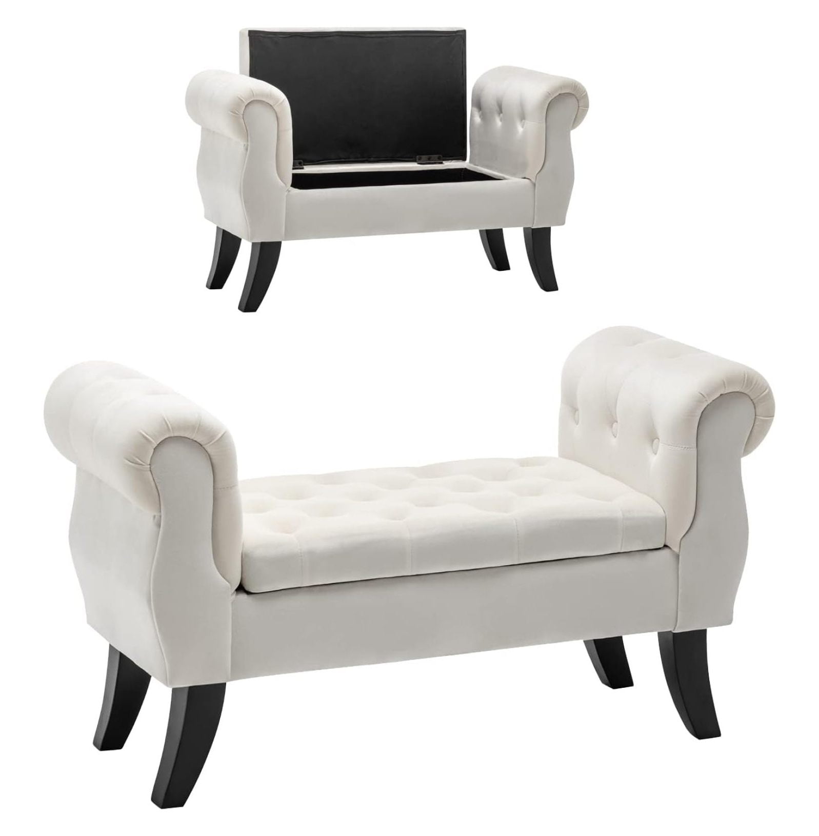 Rolled Arm Bed Bench with Storage Velvet Cushioned Bedroom Ottoman ...