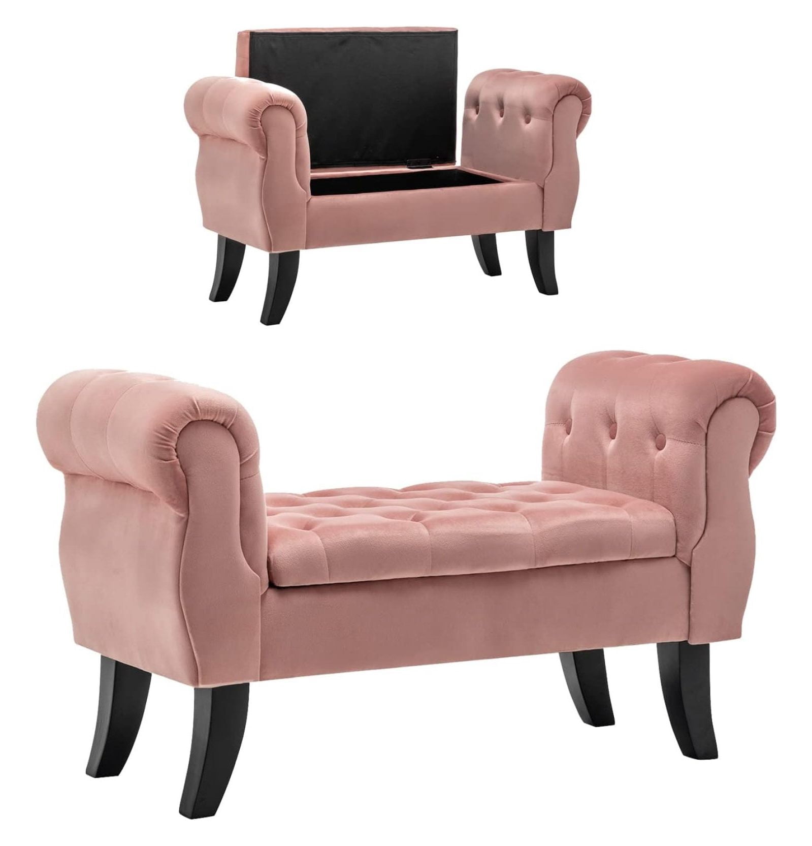 Rolled Arm Bed Bench with Storage Velvet Cushioned Bedroom Ottoman ...