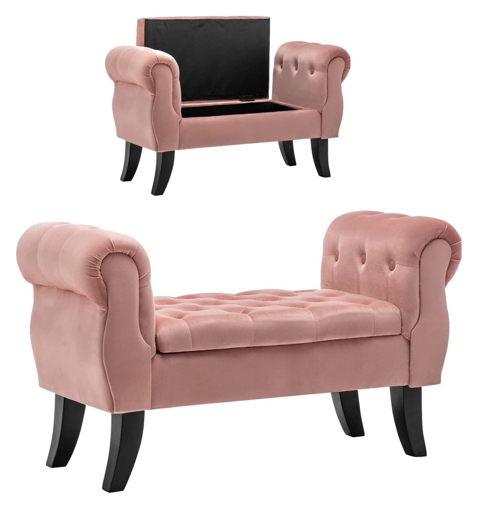 Rolled Arm Bed Bench with Storage Velvet Cushioned Bedroom Ottoman ...