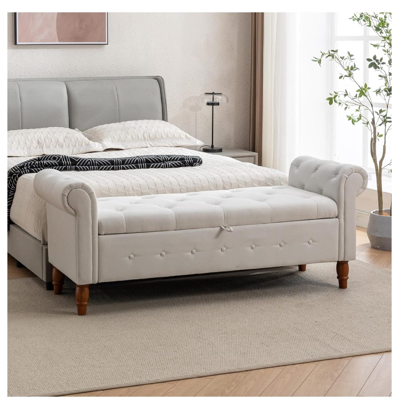 Rolled Arm Storage Bench,Tufted Linen Ottoman Bench with Arms,62.8 ...