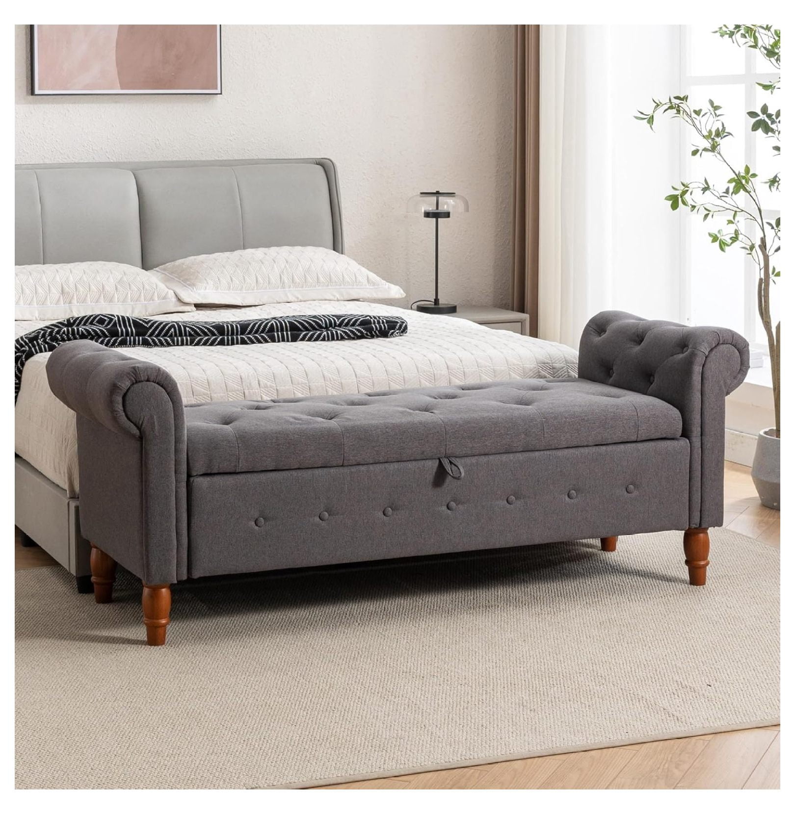 Rolled Arm Storage Bench,Tufted Linen Ottoman Bench with Arms,62.8 ...
