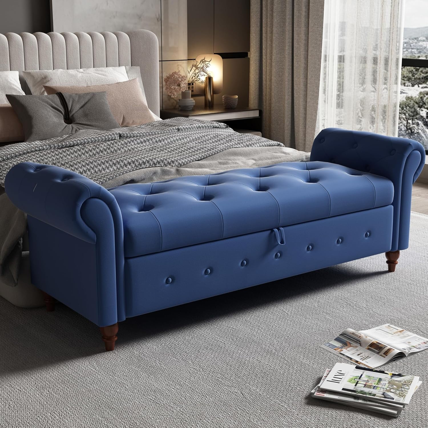 Rolled Arm Storage Ottoman Bench for Living Room,63" Long Storage ...