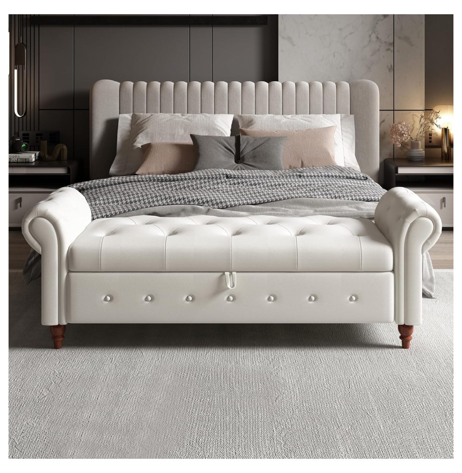 Rolled Arm Storage ,Tufted Linen Ottoman with Arms,62.8" Long Storage ...