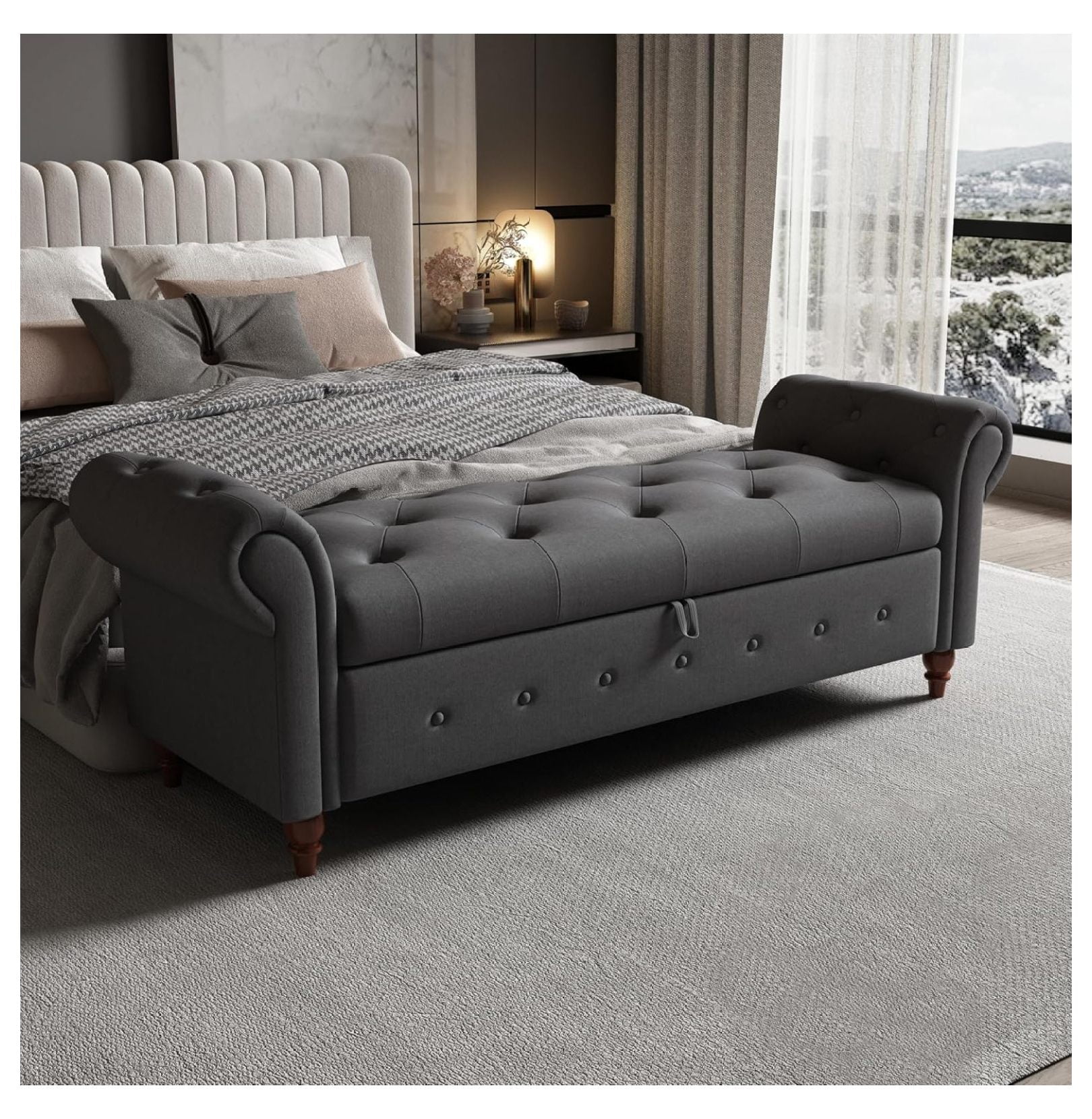 Rolled Arm Storage ,Tufted Linen Storage Ottoman with Arms,62.8" Long Storage for Bedroom End of ...