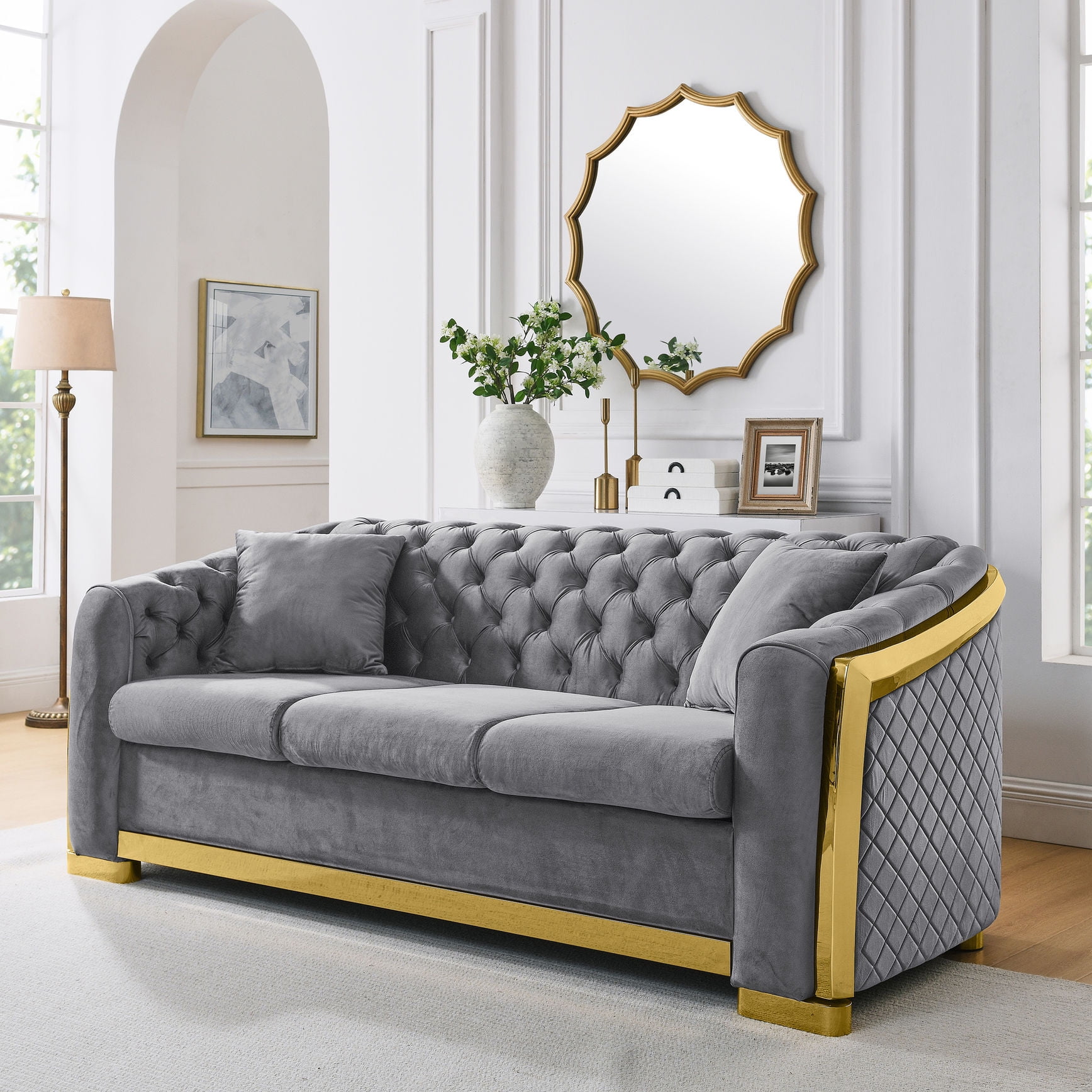 Rolled Arms Grey Velvet Sofa - Aesthetically Pleasing for Living Spaces ...