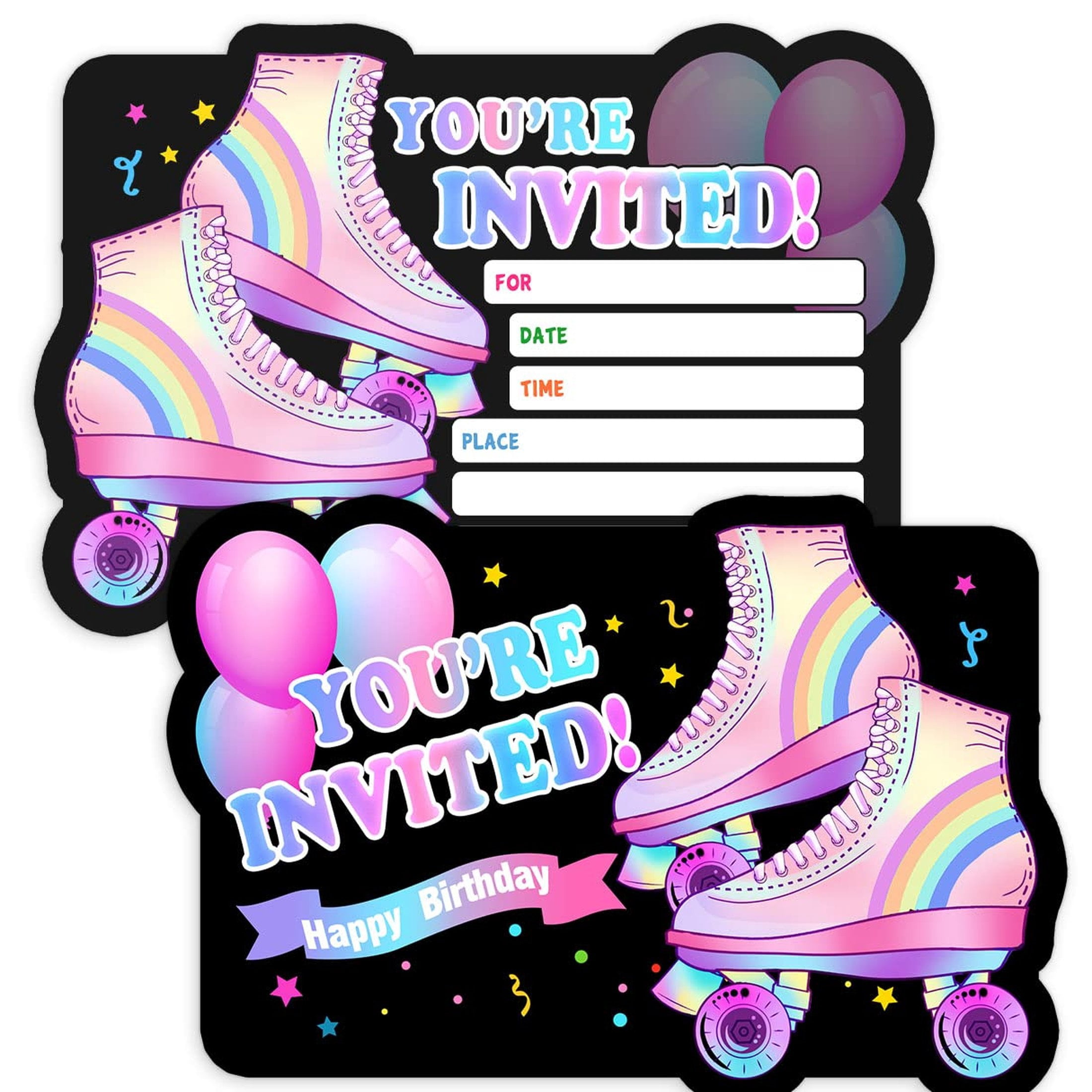 Roller Rink Birthday Bash Invitations with Envelopes - Fun Double-Sided ...