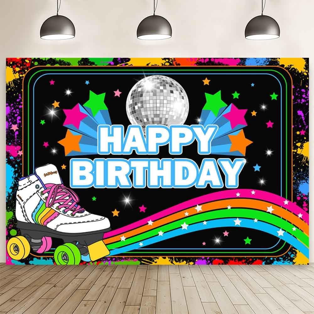 Roller Skates Birthday Backdrop Disco Dance Colorful Rainbow ...