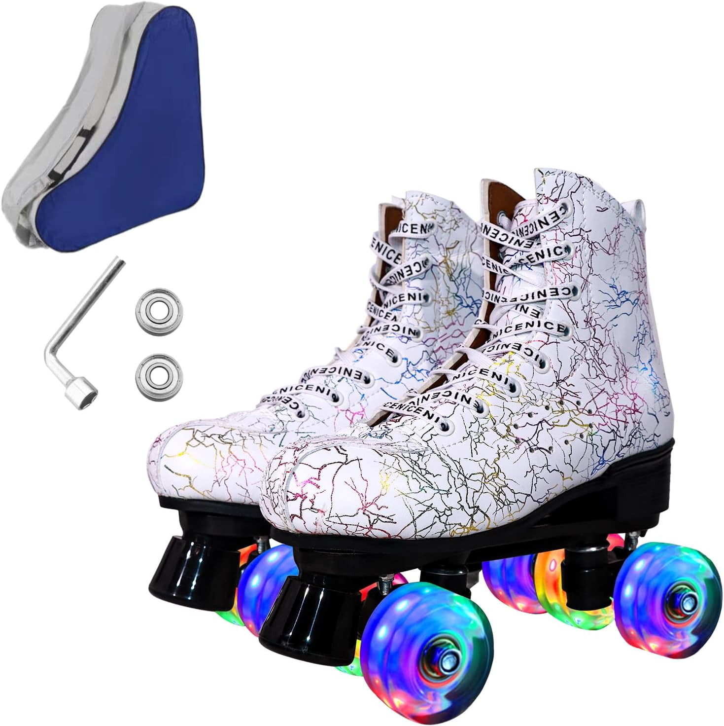 Roller Skates for Men and Women, Black Derby Roller Skates with 4 Shiny ...