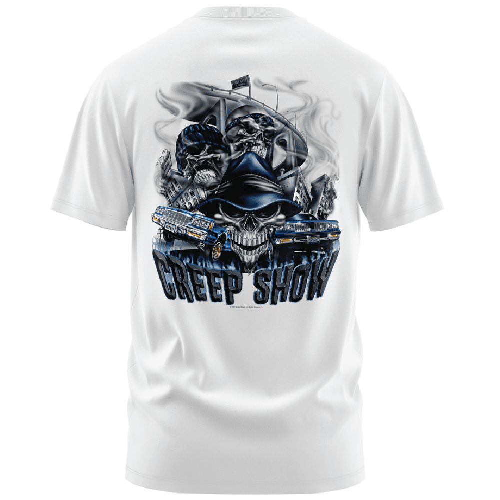Rollin Hard men's Creep Show Lowrider white classic fit front and back ...