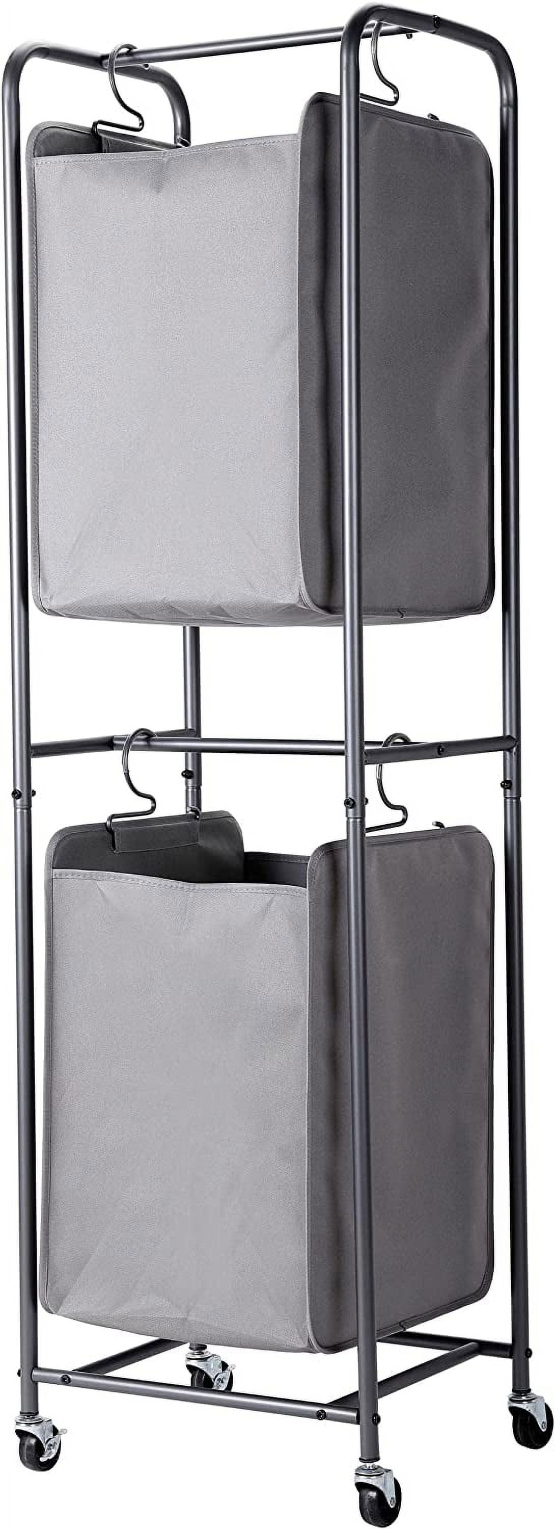 Rolling 2-Tier Vertical Laundry Hamper Sorter - Grey - Cart with Double ...
