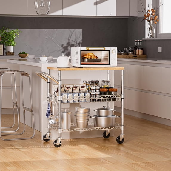 Rolling 3-Tier Kitchen Cart with Wood Top, Metal Utility & Storage Cart ...