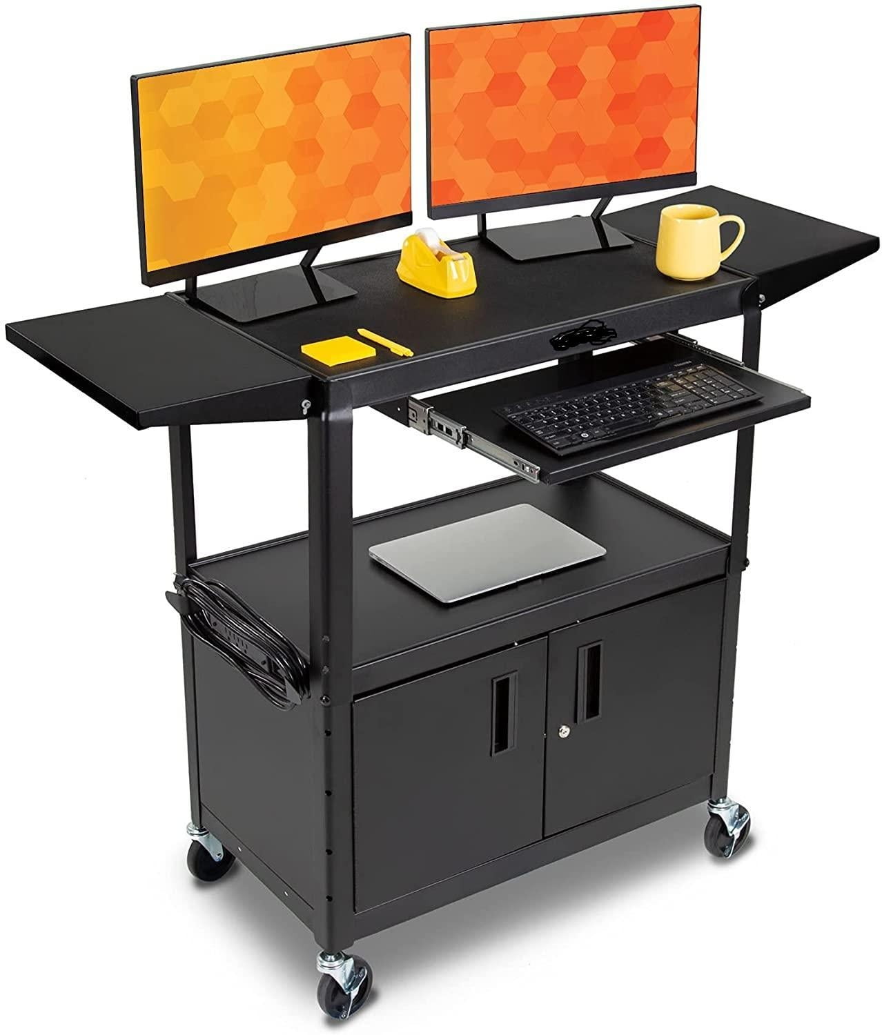 Rolling AV Cart with Lockable Cabinet,Height Adjustable 24-42",Non-Slip ...