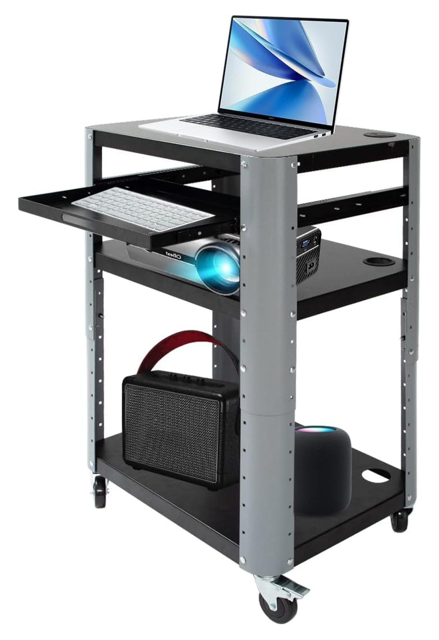 Rolling AV Presentation Cart with Power Strip, Mobile Metal Media Cart ...