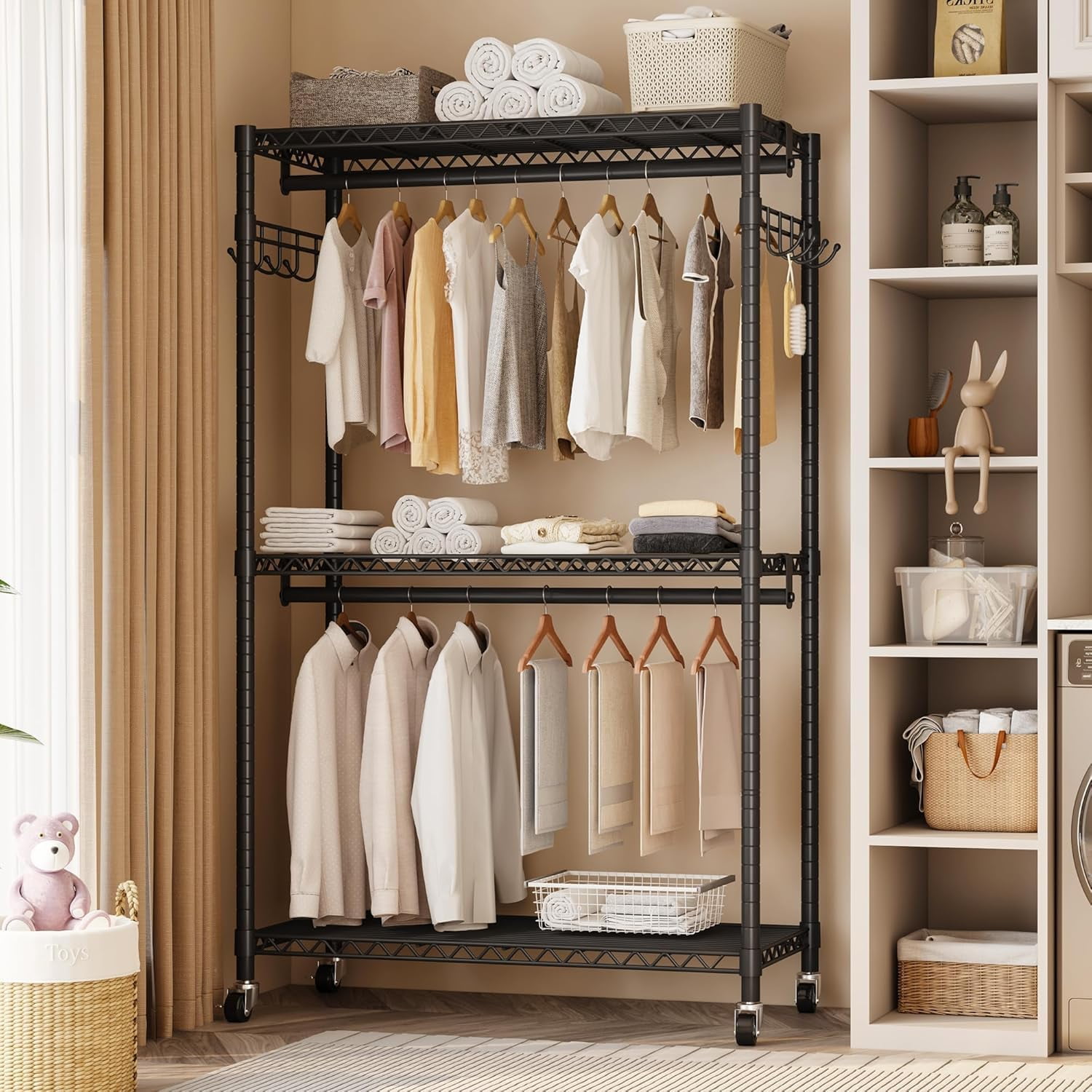 Rolling Armoire Wardrobe Closet Metal Cabinet and Clothes Rack with ...