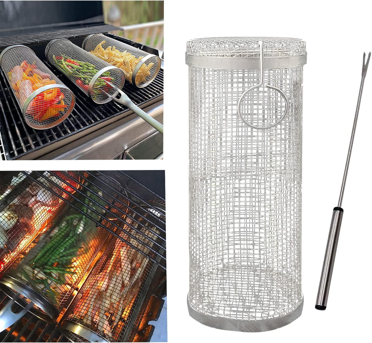 Rolling BBQ Basket BBQ Accessories,Round Stainless Steel BBQ Grill Mesh ...