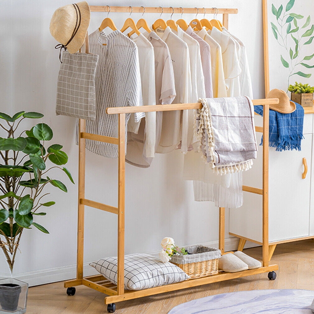Rolling Bamboo Clothes Rack Clothing Storage Shelf Wardrobe Rack w ...