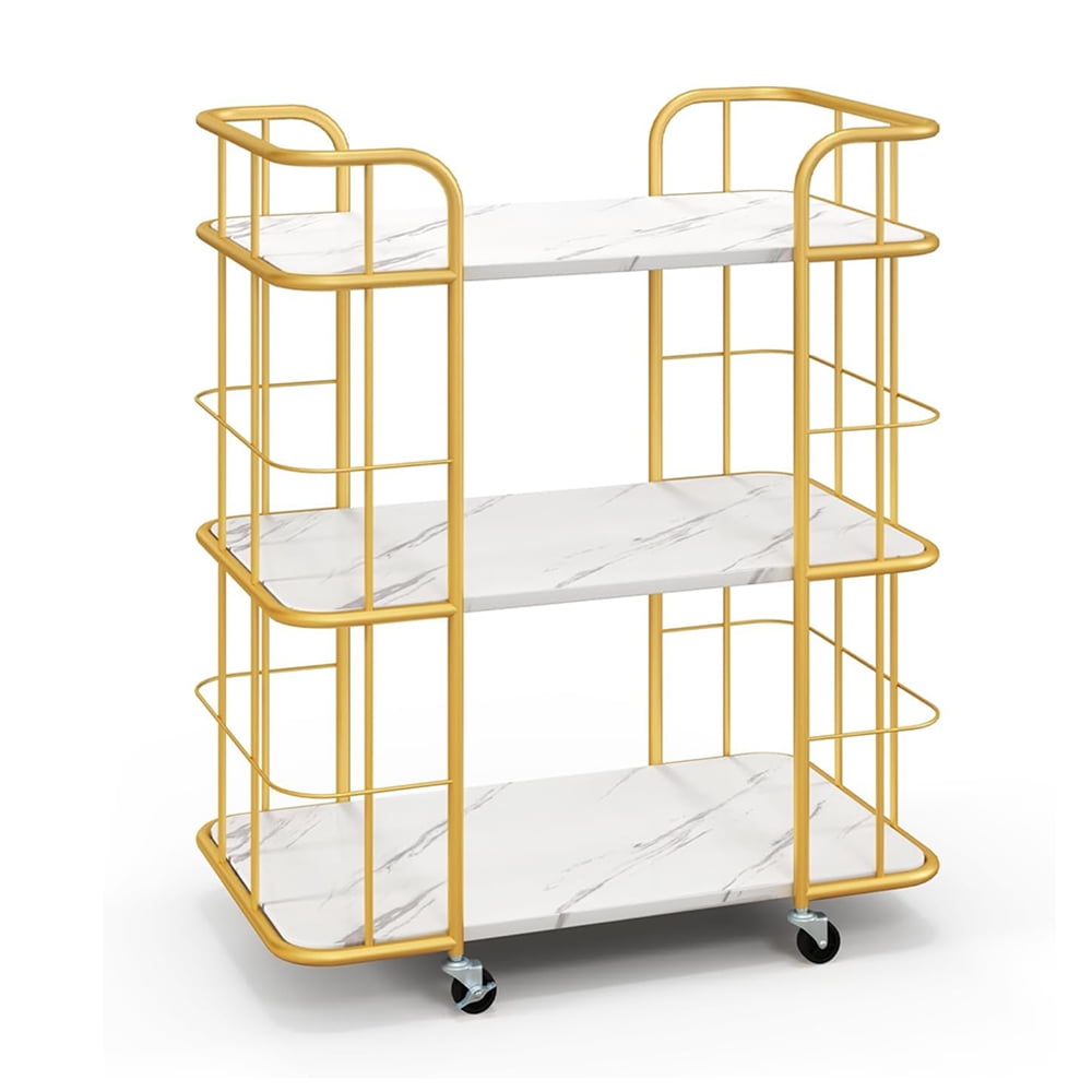 Rolling Bar Cart Gold, 3-Tier Kitchen Utility Cart with Steel Frame ...